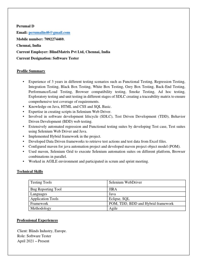 Perumal +resume Testing | PDF | Selenium (Software) | Software Testing