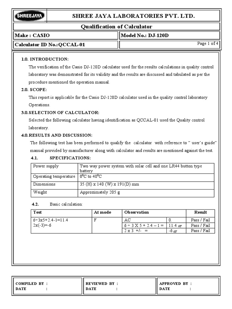 Shree Jaya Laboratories Pvt Ltd Qualification Of Calculator Pdf