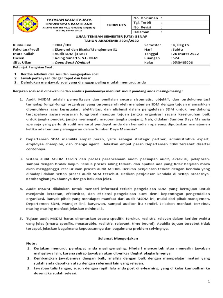 Soal Uts Reg Cs Audit SDM | PDF