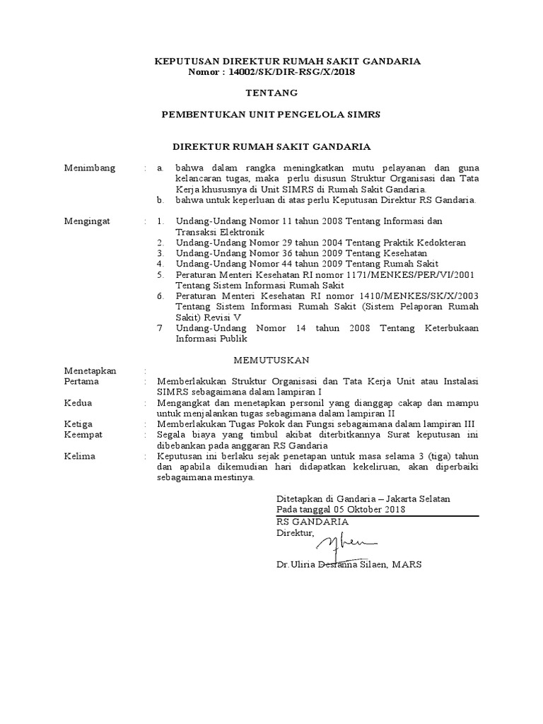 SK Pembentukan Unit SIMRS | PDF