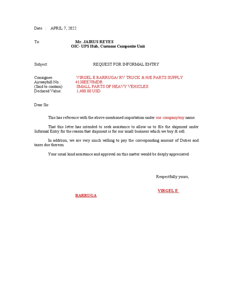 REQUEST INFORMAL ENTRY (New) | PDF