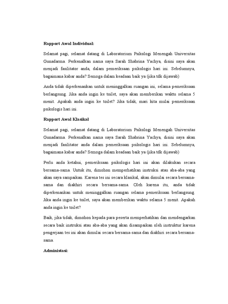 Rapport & Instruksi DAP, BAUM, HTP, & WARTEGG | PDF | Pengembangan Diri