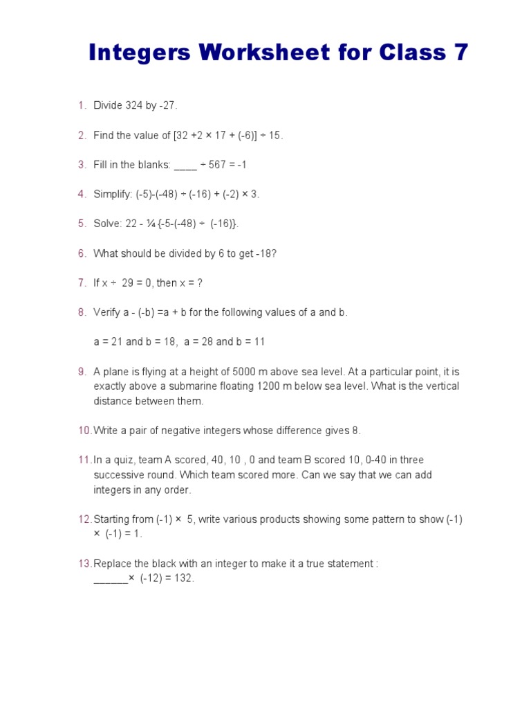 Integers Worksheet For Class 7 | PDF | Art | Computers