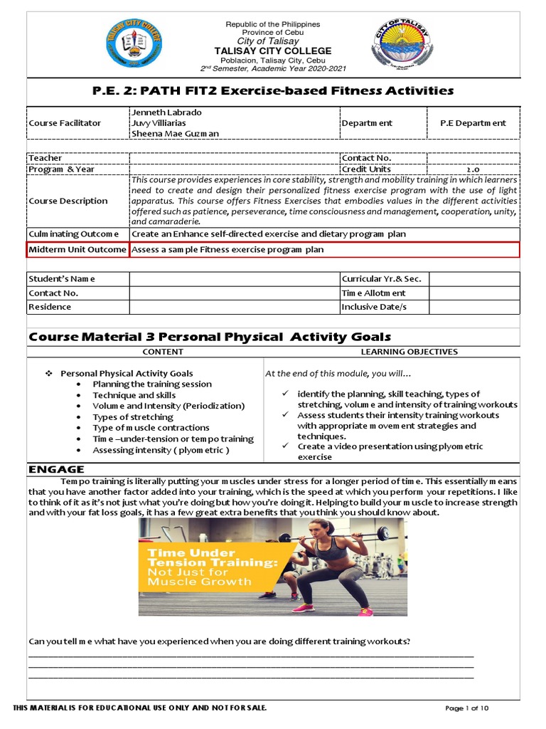 P.E. 2: PATH FIT2 Exercise-Based Fitness Activities: Talisay City College | PDF | Muscle ...