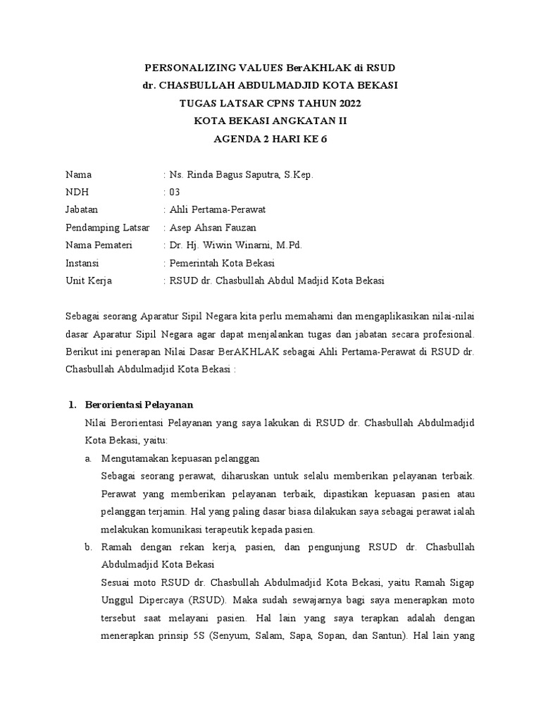 PERSONALIZING VALUES BerAKHLAK Di RSUD | PDF