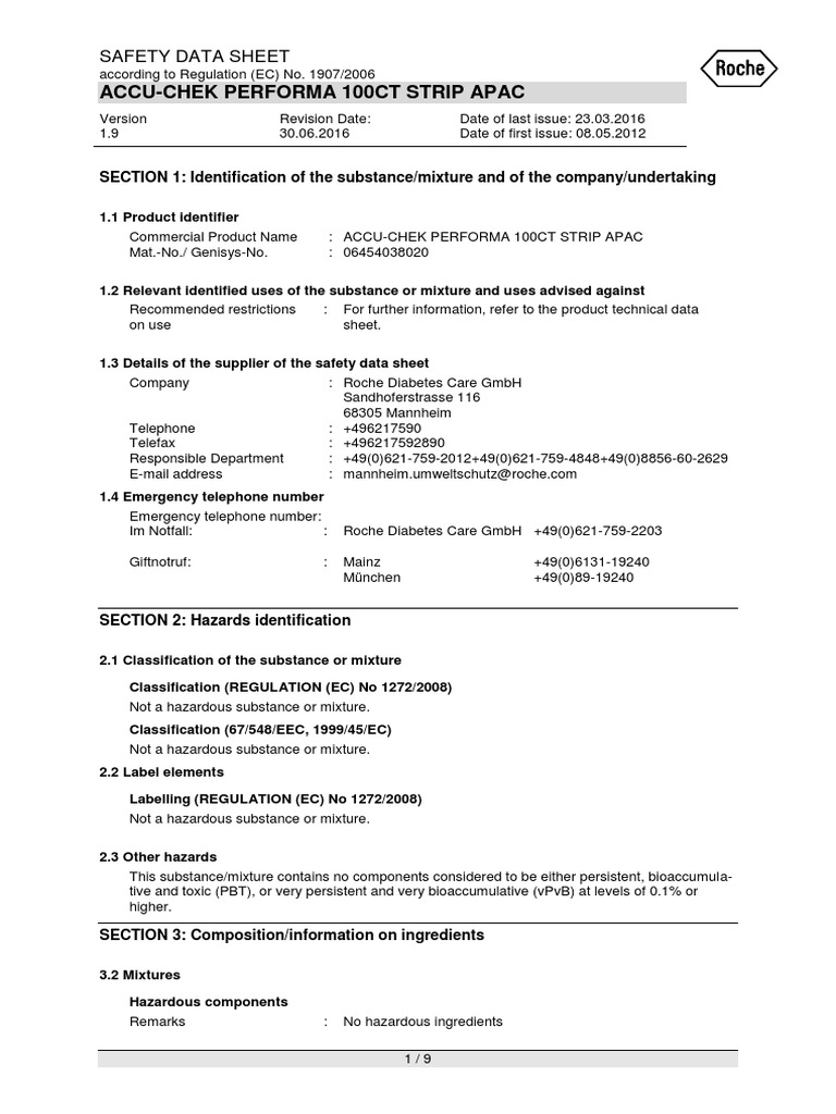 ACCU-CHEK Performa Safety Data Sheet | PDF | Dangerous Goods | Toxicity