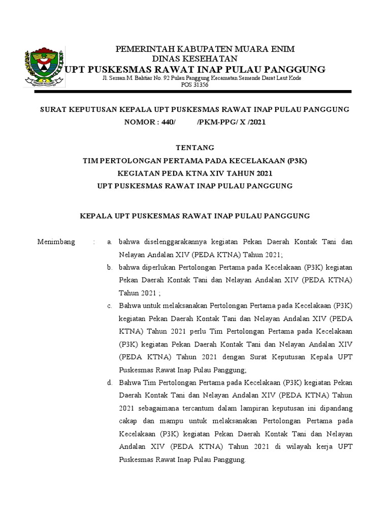 SK Tim P3K Peda Ktna Wil Kerja PKM Pulau Panggung | PDF