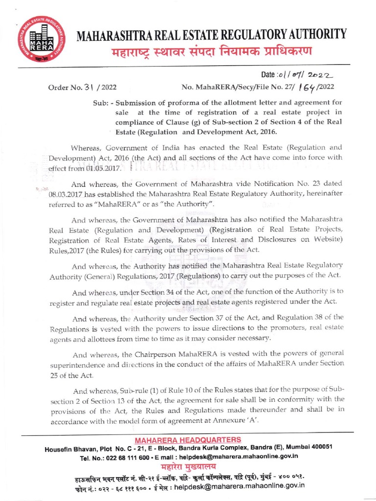 MahaRERA issues revised model allotment letter format | PDF | Interest ...