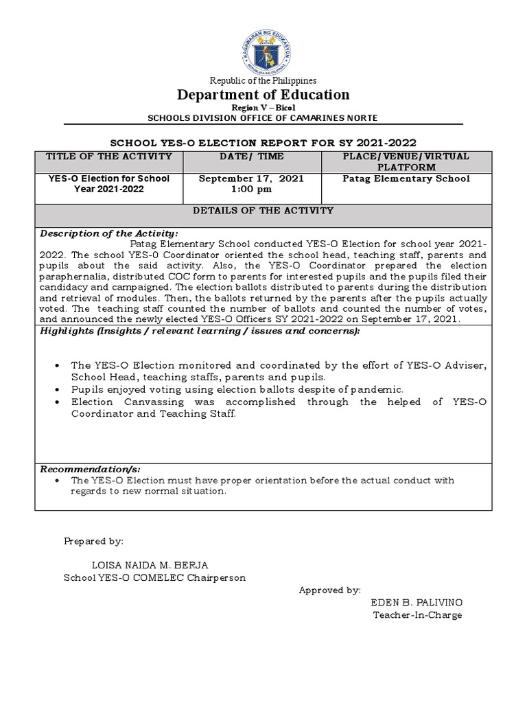 Department of Education: School Yes-O Election Report For Sy 2021-2022 ...