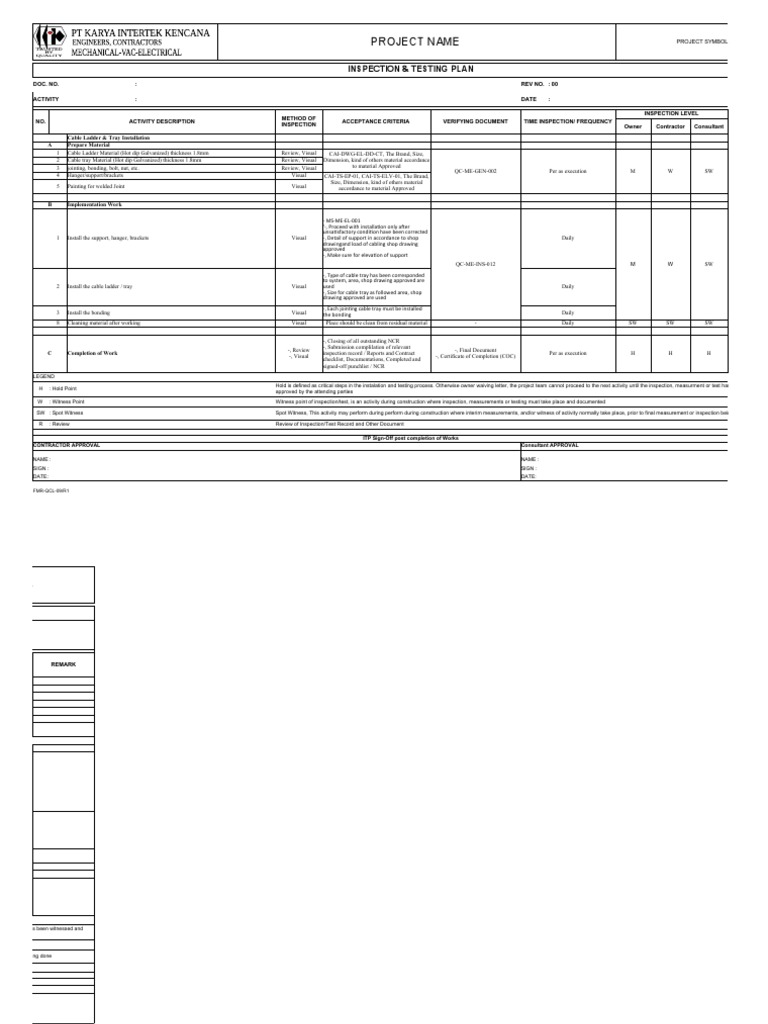 ITP - Cable Ladder & Tray Installation | PDF | Pipe (Fluid Conveyance ...