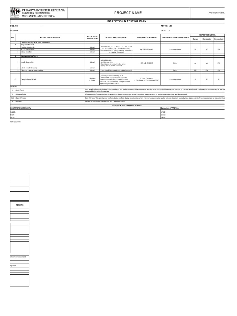 ITP - Conduit Metal (GI) & PVC Installation | PDF | Pipe (Fluid ...