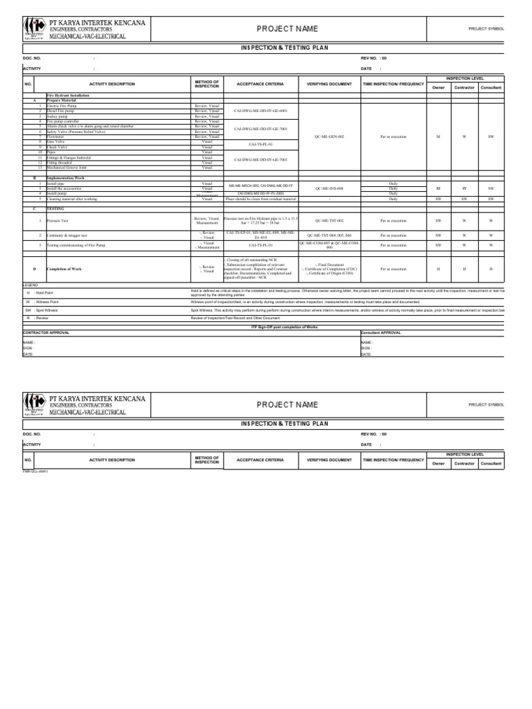ITP - Fire Hydrant Installation | PDF | Pipe (Fluid Conveyance) | Pump