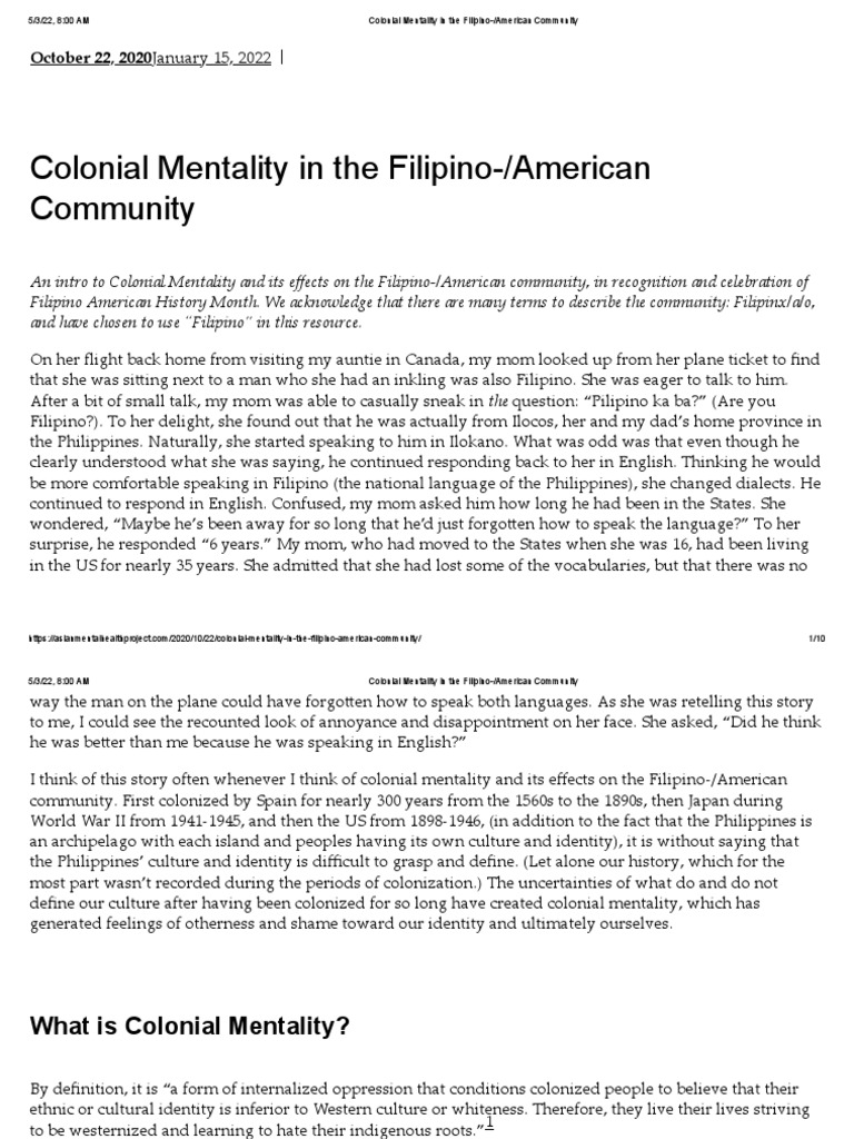 Colonial Mentality in The Filipino-American Community | PDF | Self ...