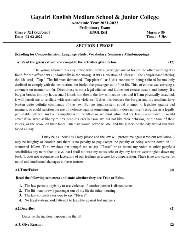 Gayatri English Medium School Preliminary Exam Section Analysis | PDF ...