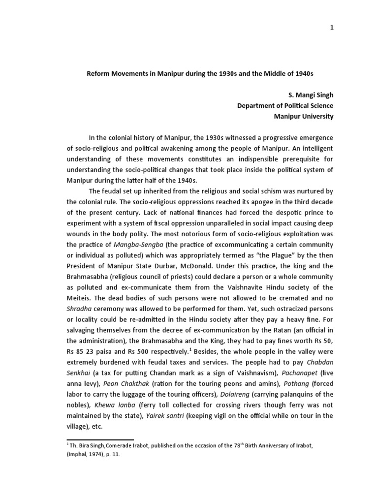 Reform Movements in Manipur During The 1930s and The Middle of 1940s ...