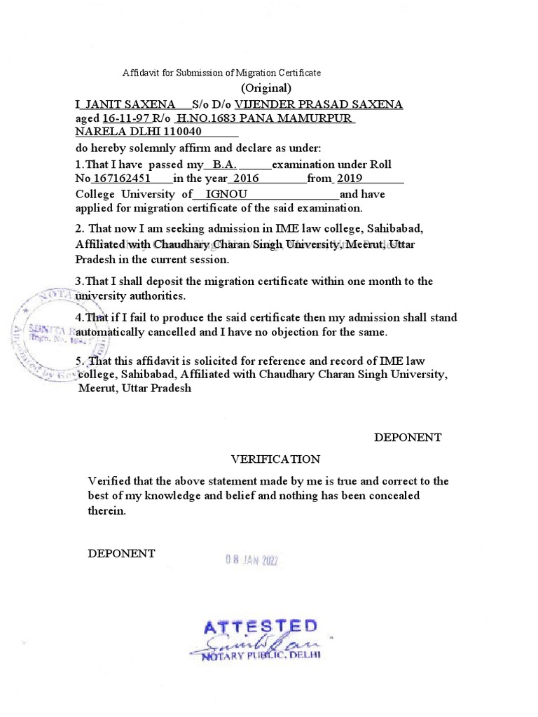 Affidavit For Submission of Migration Certificate | PDF
