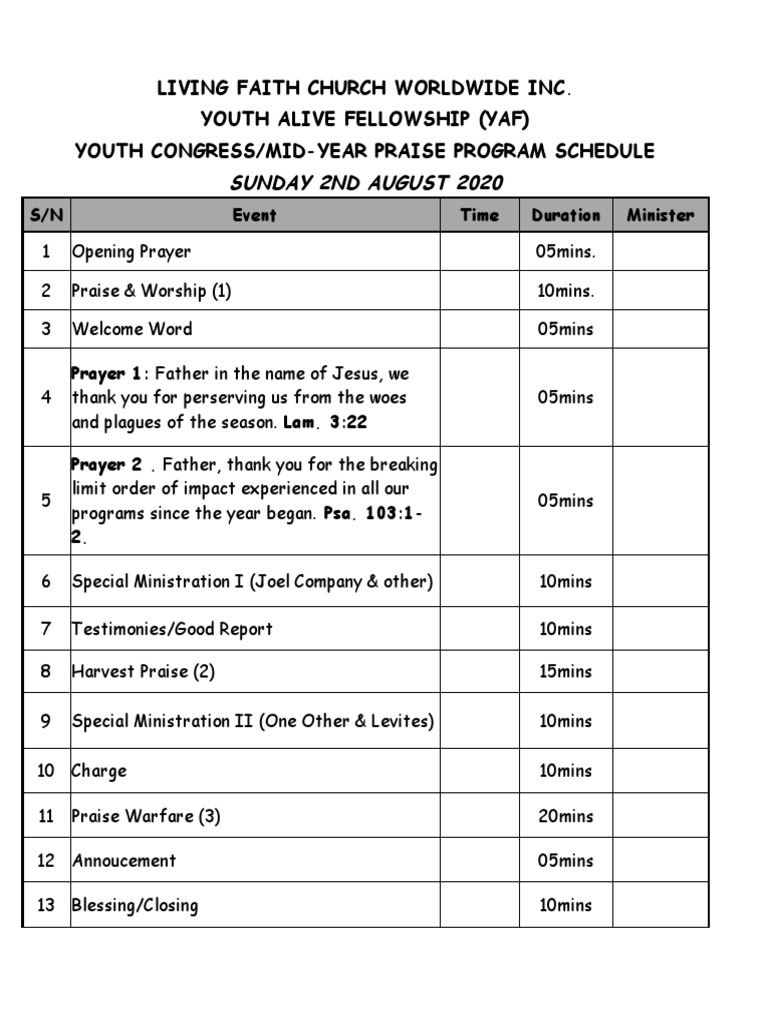 Youth Congress Mid-Year Praise Program Schedule | PDF | Protestant ...