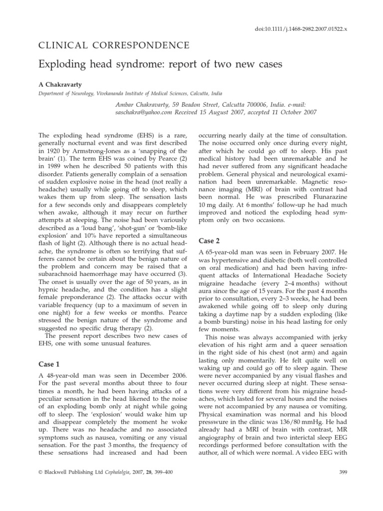 Exploding Head Syndrome Report of Two New Cases | PDF | Headache ...