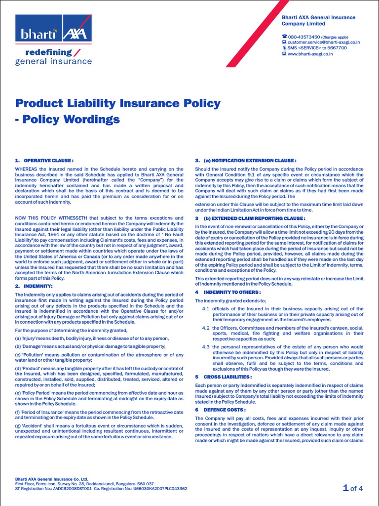 Product Liability Insurance Policy - Axa | PDF | Indemnity | Liability ...
