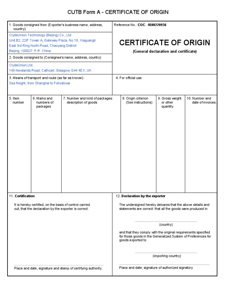 Cutb Form A - Certificate of Origin | PDF | Economies | Trade