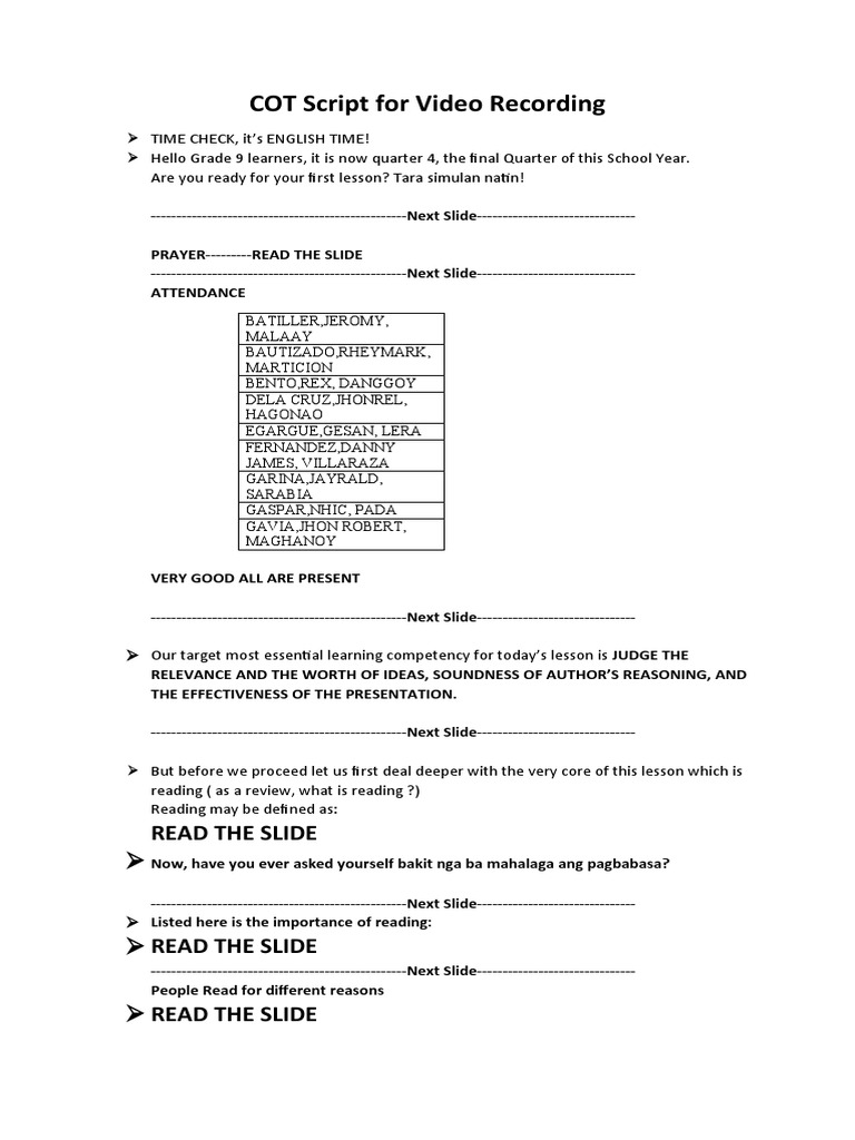 COT Script For Video Recording | PDF | Linguistics | Education Theory