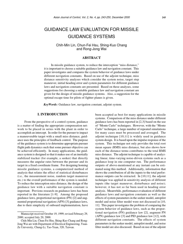 Guidance Law Evaluation For Missile Guidance Systems: Chih-Min Lin ...