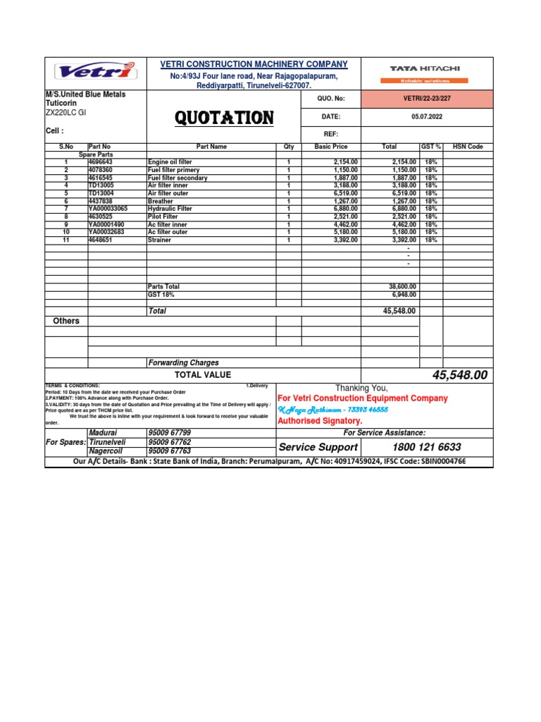 Quotation Quotation Quotation Quotation: Vetri Construction Machinery ...