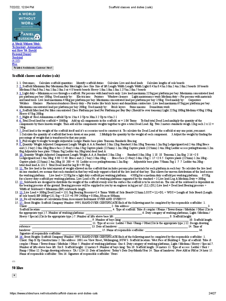 Scaffold Classes and Duties (Cals) | PDF | Scaffolding | Economic Sectors