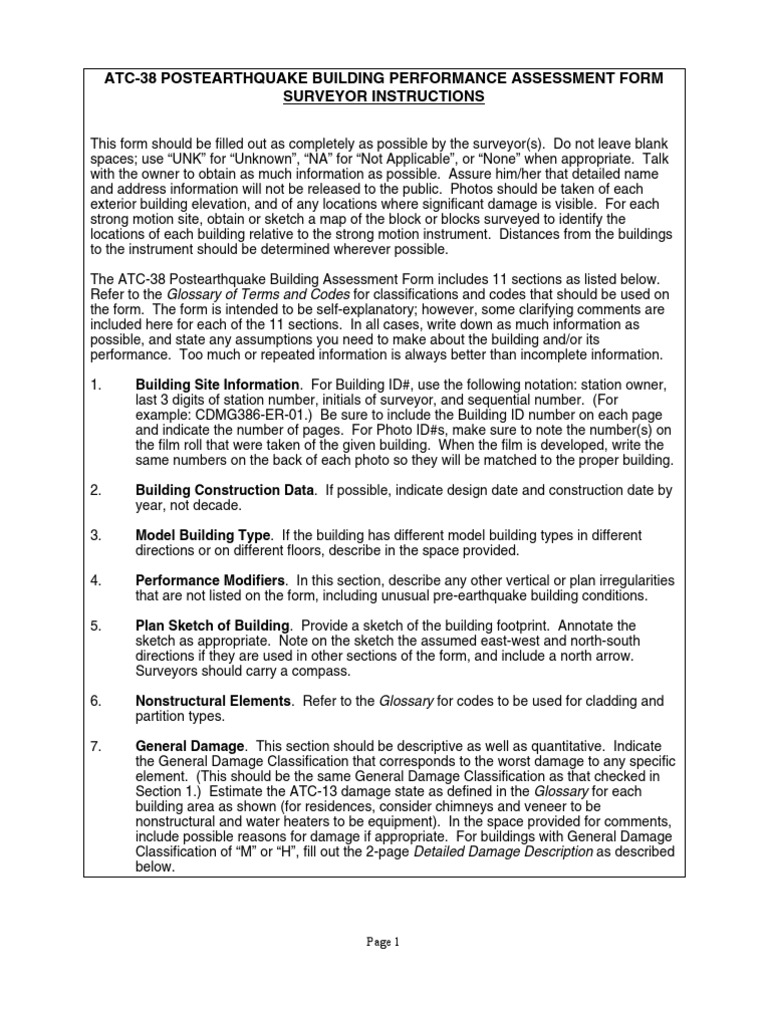 ATC-38 Postearthquake Building Performance Assessment Form Surveyor ...