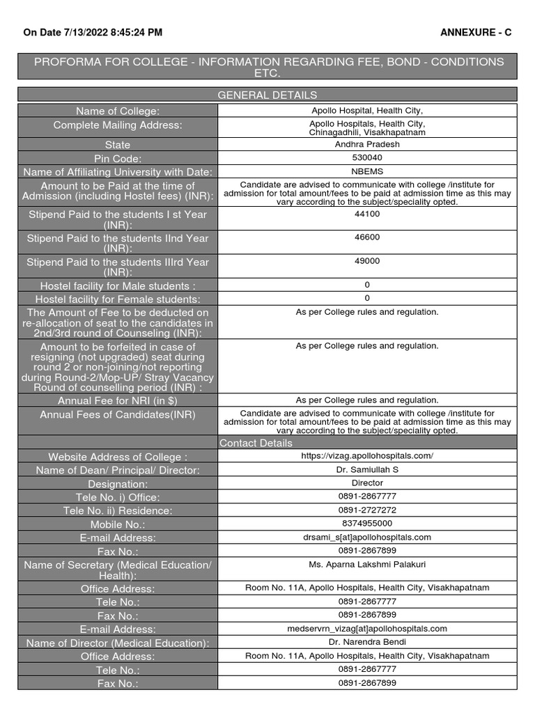 Proforma For College - Information Regarding Fee, Bond - Conditions Etc ...