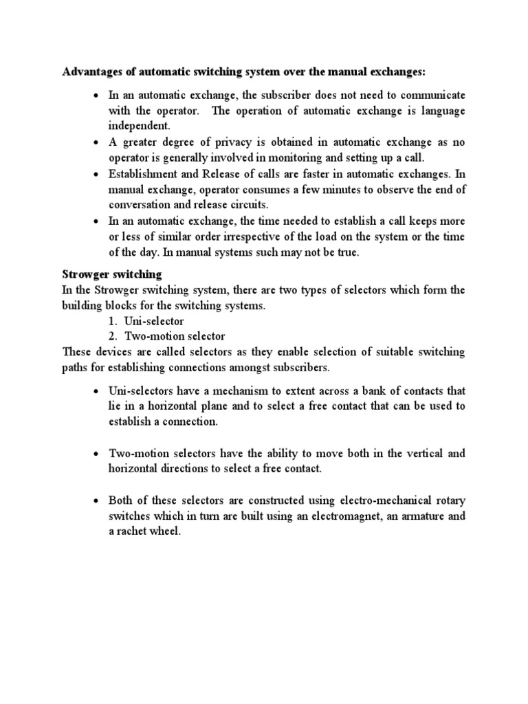 Advantages of Automatic Switching System Over The Manual Exchanges ...