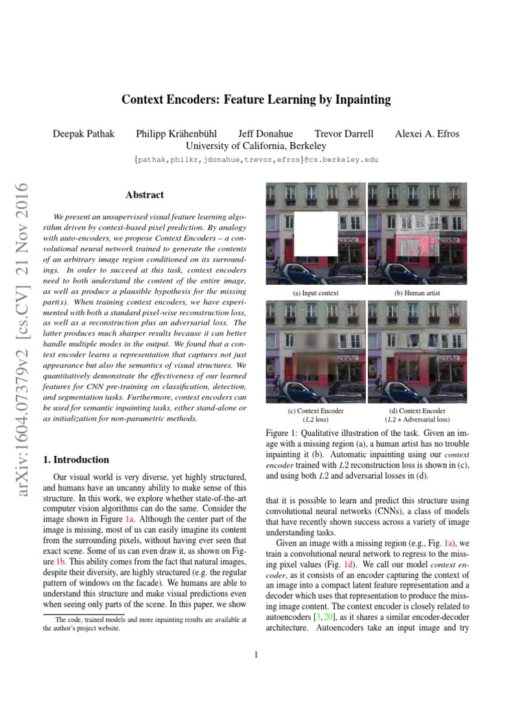 Context Encoders: Feature Learning by Inpainting | Download Free PDF | Image Segmentation ...