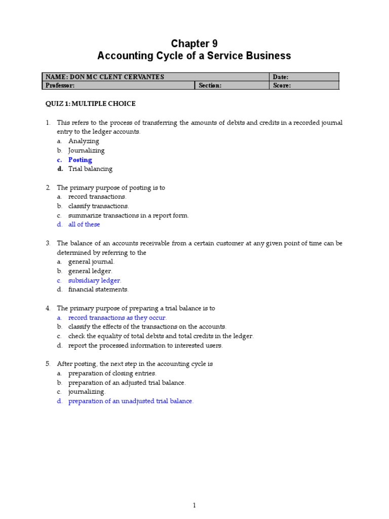 Quizzes - Chapter 9 - Acctg Cycle of A Service Business | PDF | Debits ...