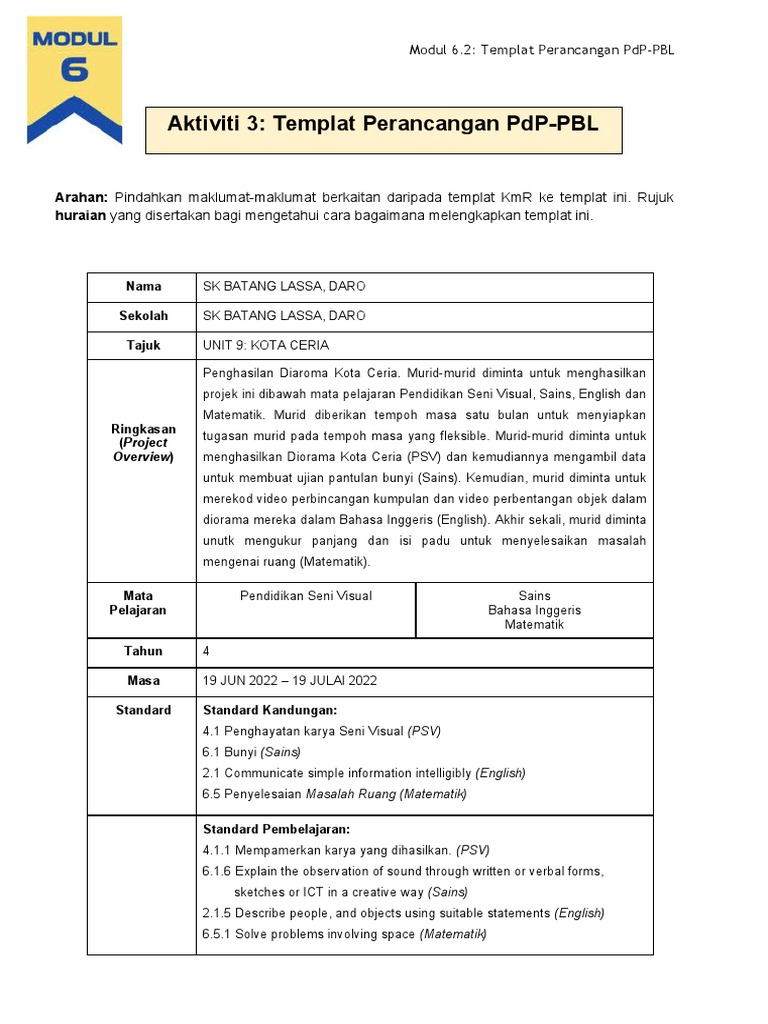 Modul 6.2 - Aktiviti 3 - Templat Perancangan PDP-PBL | PDF