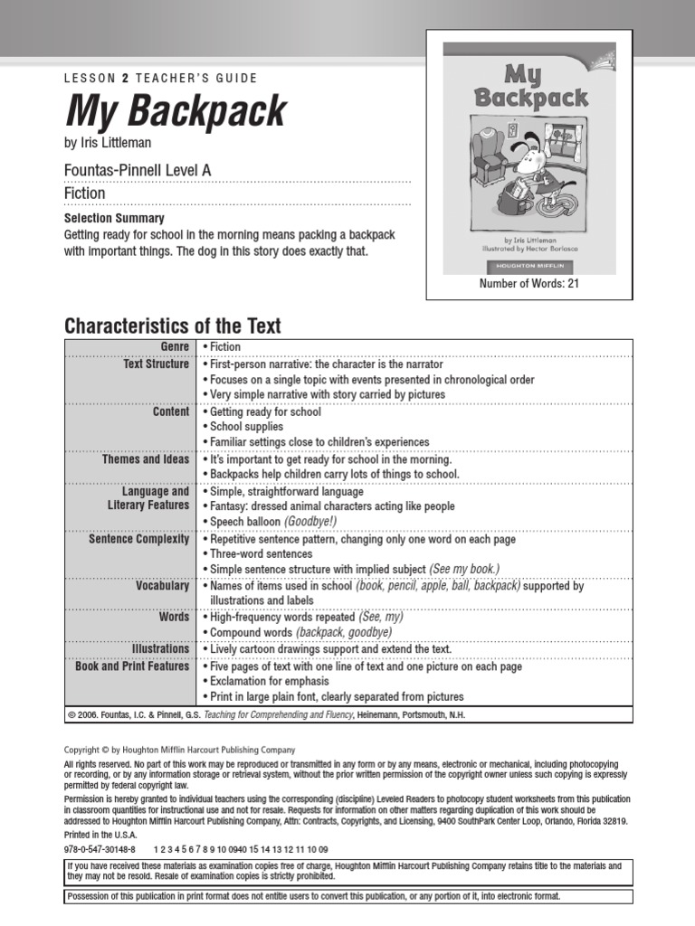 My Backpack: Characteristics of The Text | PDF | Reading Comprehension ...