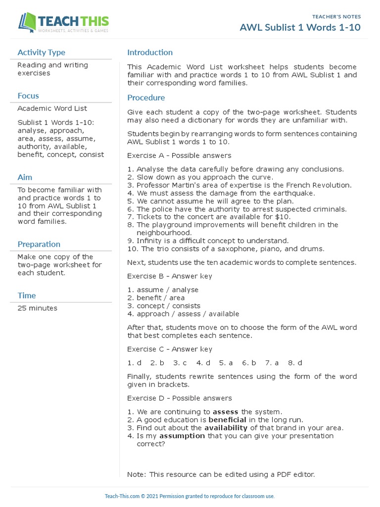 AWL Sublist 1 Words 1-10 Worksheet | PDF | Cognition