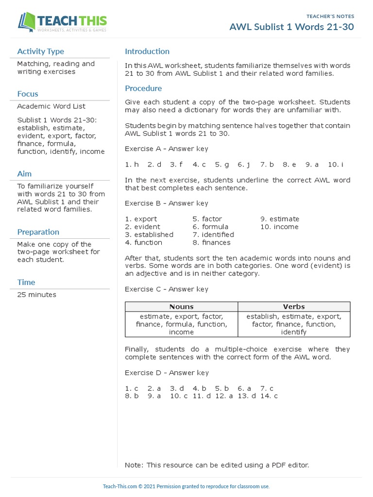 AWL Sublist 1 Words 21-30 Worksheet | PDF | Verb | Noun