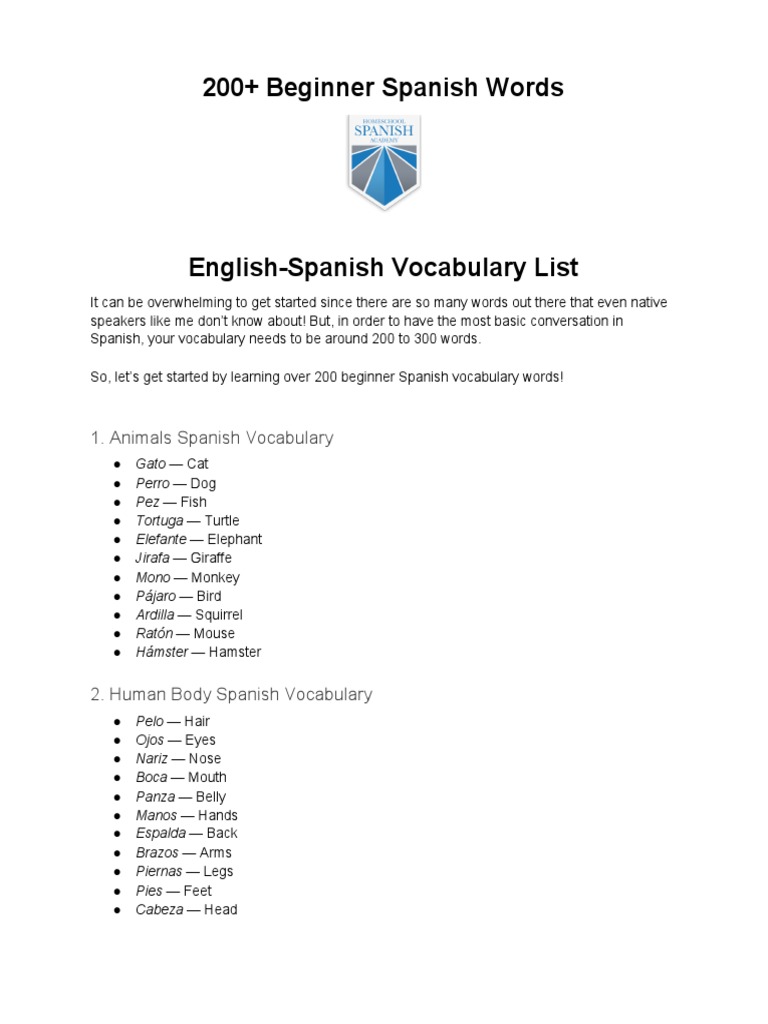 Spanish Words List Beginners
