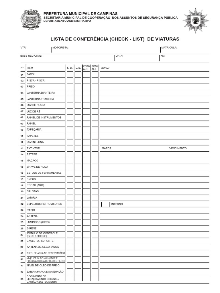Check list de viatura de Campinas | PDF | Veículos