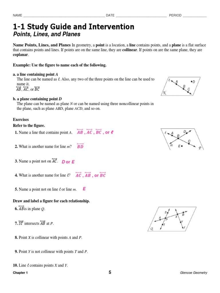 1-1 Study Guide and Intervention: Points, Lines, and Planes | PDF ...