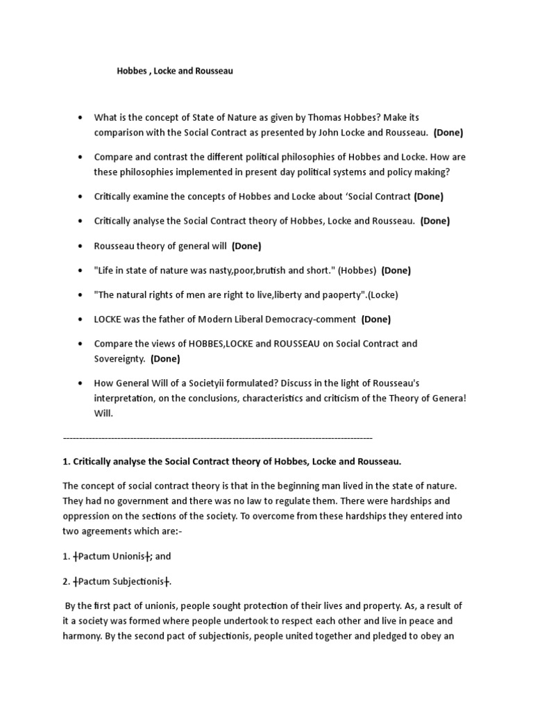 Social Contract Theories: Hobbes, Locke, Rousseau | PDF | Social ...