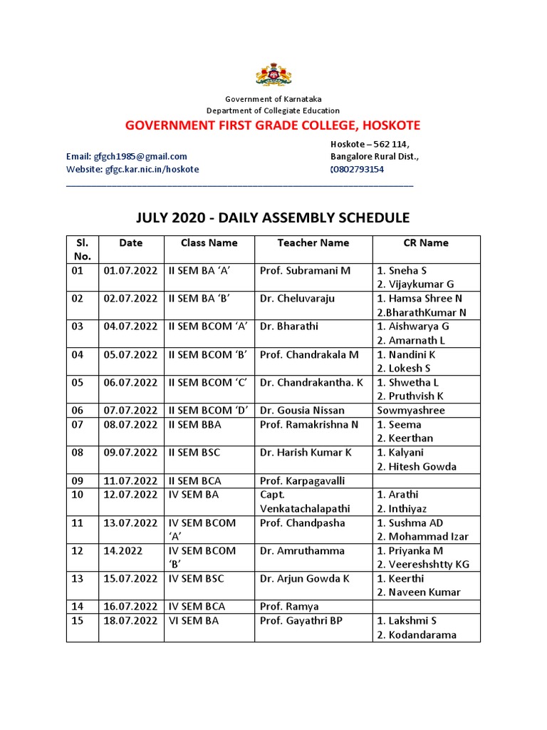 July 2020 - Daily Assembly Schedule: Government First Grade College ...