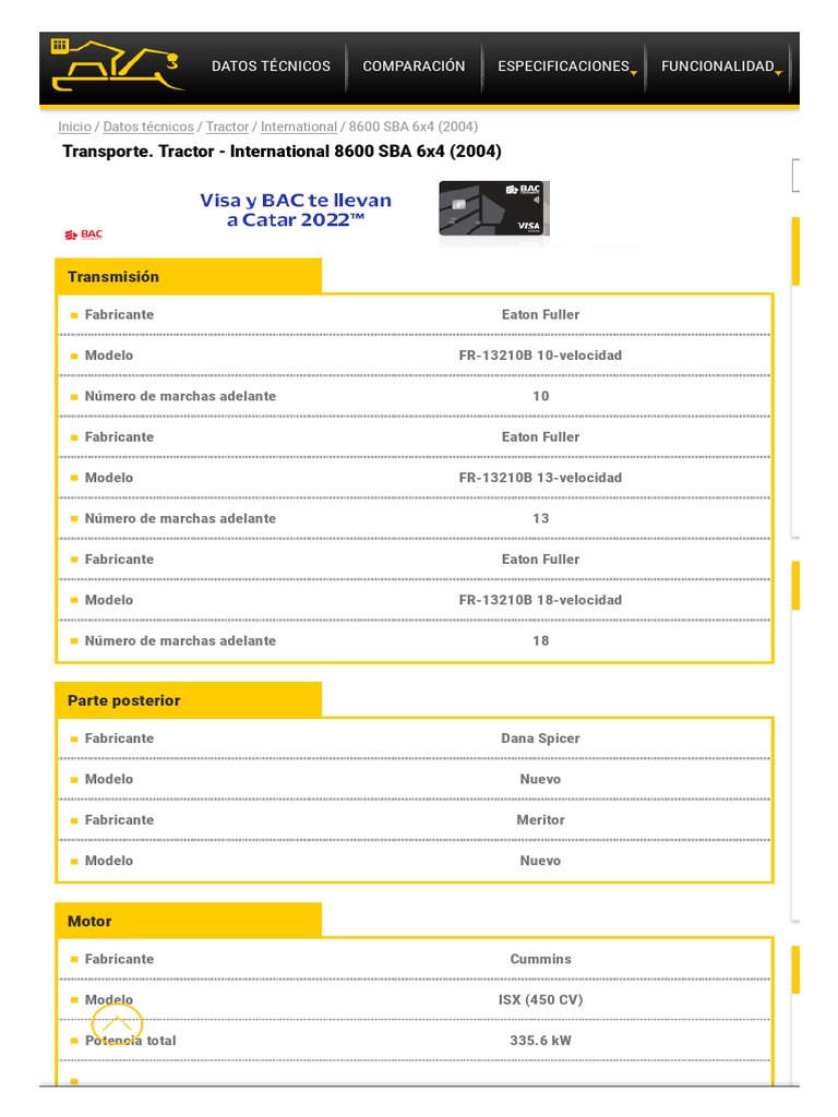 Ficha Técnica de International 8600 SBA 6x4 (2004) - Tractor | PDF | Eje | Rueda