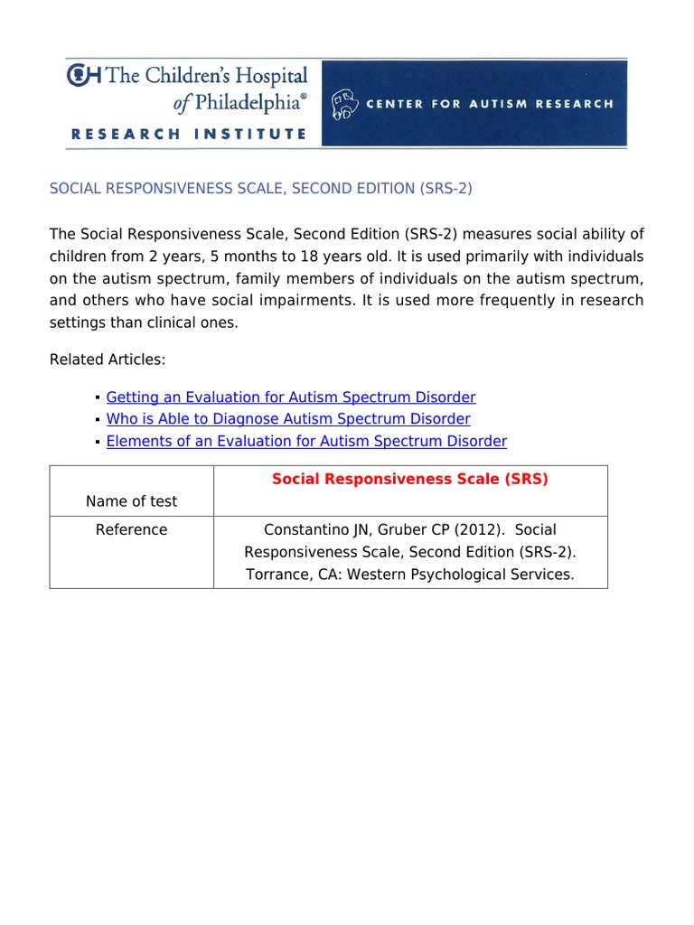 Social Responsiveness Scale, Second Edition (Srs-2) | Download Free PDF ...