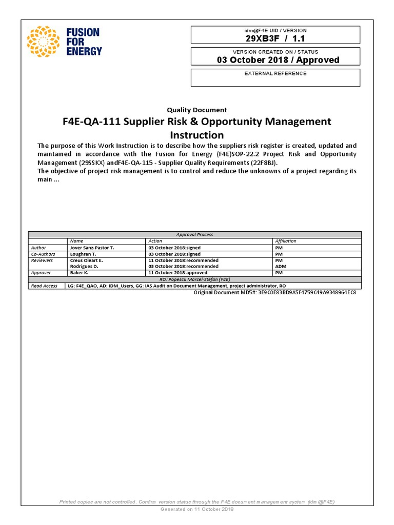 F4E-QA-111 Supplier Risk and Opportunity Management Instruction 29XB3F v1 1 | PDF | Risk | Risk ...