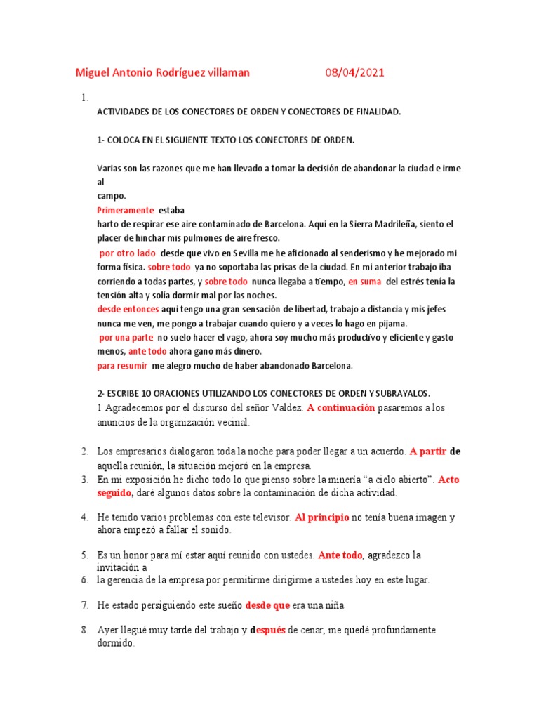 Actividades de Los Conectores de Orden y Conectores de Finalidad | PDF