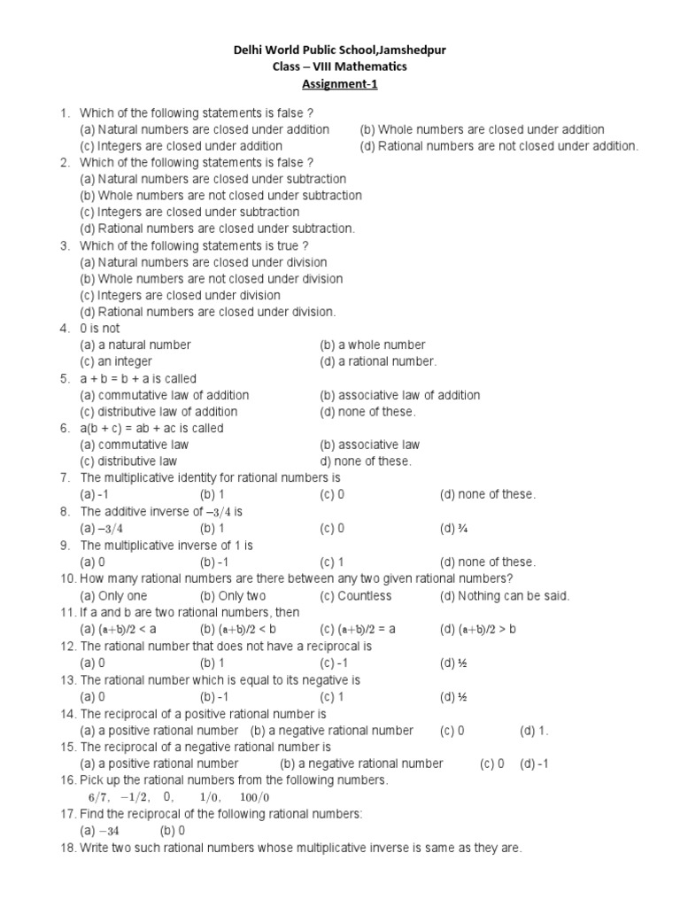 Delhi World Public School, Jamshedpur Class - VIII Mathematics Assignment-1 | PDF | Integer ...