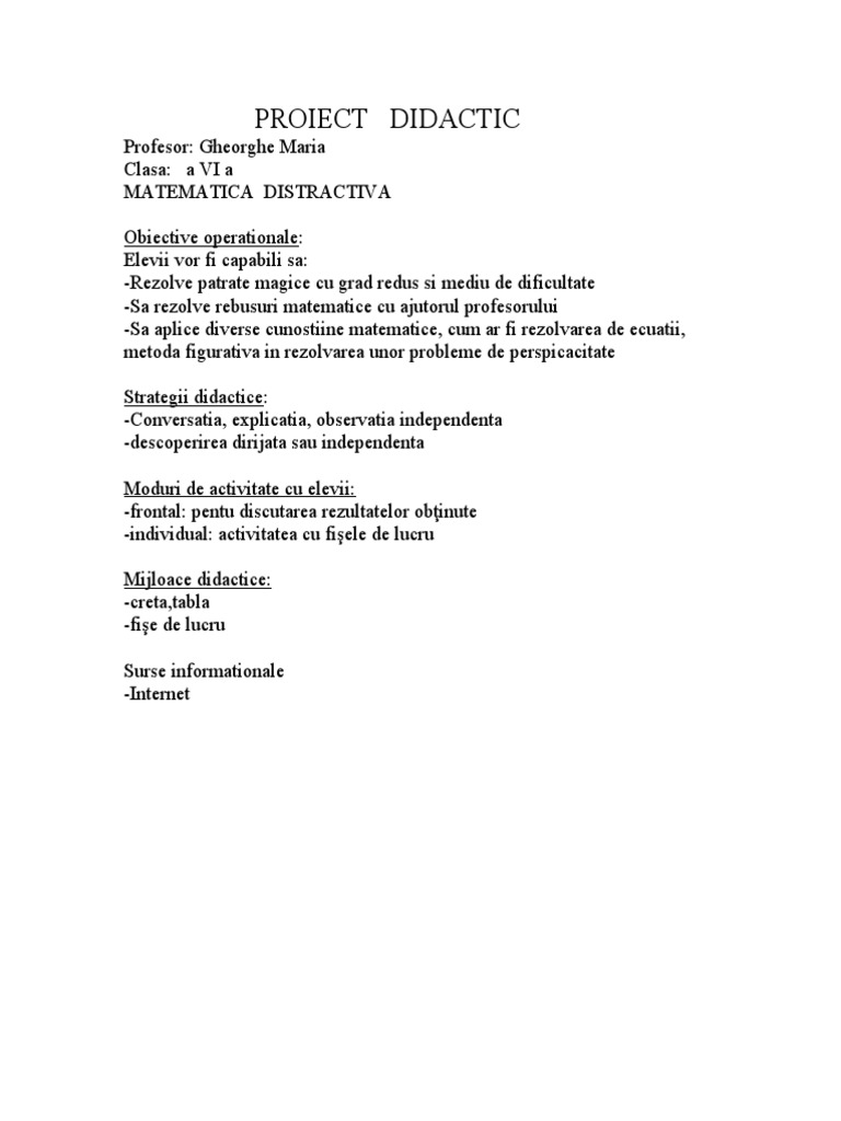 Proiect Didactic MD | PDF