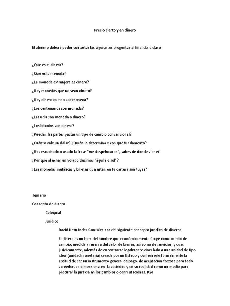 Notas Precio Cierto y en Dinero | PDF | Dinero | Moneda