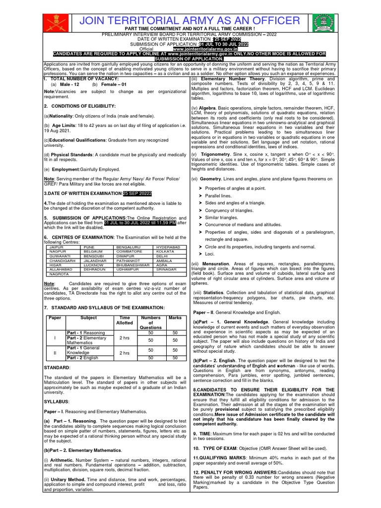 Territorial Army Officer Recruitment 2022 | PDF | Trigonometric ...